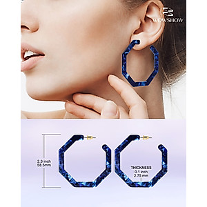 wowshow Acrylic Resin Hoop Earrings for Women Statement Fashion Geometric Octagon Earrings (Blue)