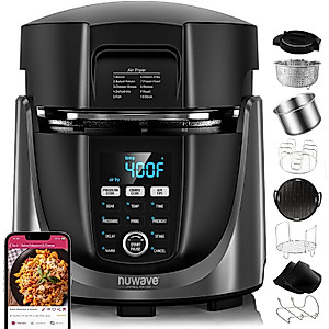 Nuwave Duet Air Fryer, Electric Pressure Cooker & Grill Combo, 540 IN 1 Multicooker with 2 Removable Lids, Slow Cook, Sears, Sautés, 18/10 SS Pot, Sure-Lock Safety Tech & 9 Deluxe Accessories