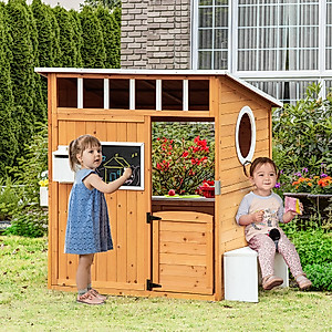 Outsunny Wooden Playhouse for Kids Outdoor with Working Door, Windows, Mailbox, Bench, Flowers Pot Holder, 48" x 42.5" x 53"