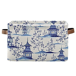 susiyo Large Foldable Storage Bin Pagodas Chinoiserie Fabric Storage Baskets Collapsible Decorative Baskets Organizing Basket Bin with PU Handles for Shelves Home Closet Bedroom Living Room-2Pack