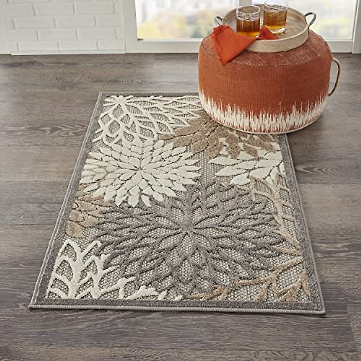 Nourison Aloha Indoor/Outdoor Natural 2'8" x 4' Area-Rug, Tropical, Botanical, Easy-Cleaning, Non Shedding, Bed Room, Living Room, Dining Room, Deck, Backyard, Patio (3x4)