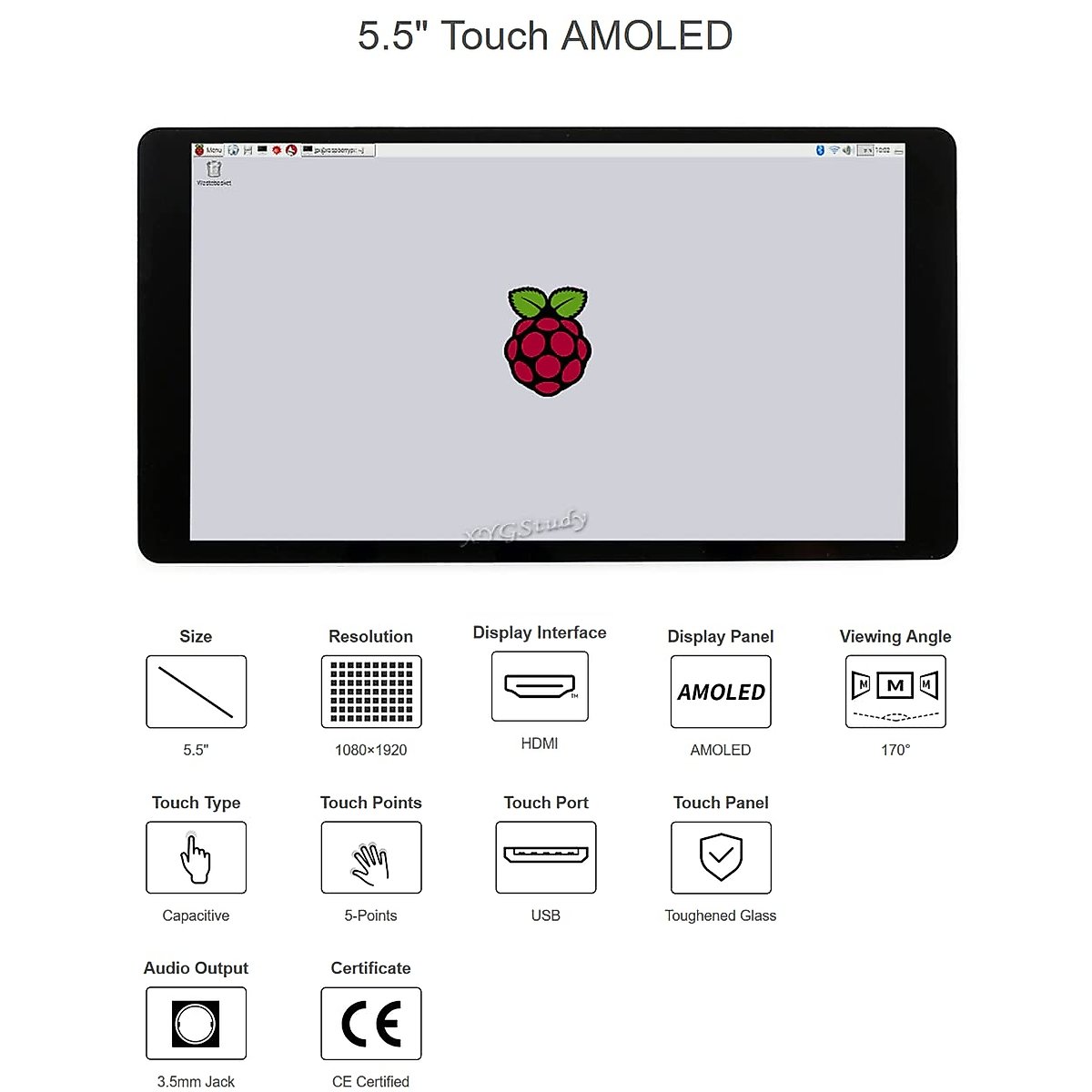 5.5 inch HDMI AMOLED Display with Toughened Glass Cover 1920x1080 Capacitive Touch HDMI Interface Supports Mini PC Raspberry Pi 4 3 2 1 Model B B+ A+ Computer Monitor @XYGStudy