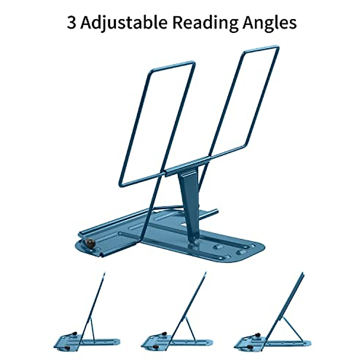 MSDADA Metal Book Stand for Desk, Adjustable Reading Rest Book Holder, Portable Cookbook Documents Holder, Sturdy Typing Stand for Recipes Textbooks Tablet Music Books with Page Clips (Navy Blue)