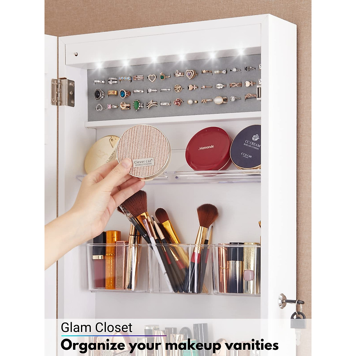 YOKUKINA LED Mirror Jewelry Armoire Wall & Door Mounted - Full length mirror jewelery cabinet w/Large Lockable Mirror Organizers and Storage