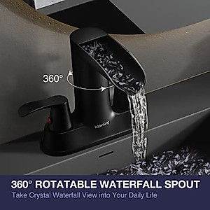 Black Bathroom Faucet 4 Inch 2 Handle - WaterSong Waterfall Bathroom Sink Faucet with Pop-up Drain & cUPC Lead-Free Water Supply Hose, Centerset 360° Swivel Spout Bathroom Faucet, RV Farmhouse Modern