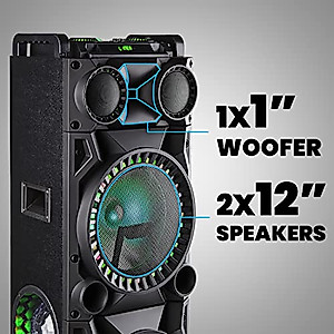 QFX PBX-1212 Bluetooth Rechargeable Dual 12” Woofer with 1” Tweeter Speaker System with Microphone Input, Guitar Input, Aux Input, USB Port, SD Card Port, TWS, Recording, FM Radio, LED Party Lights