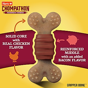 Hartz New Chompathon Gripper Bone Dog Chew Toy for Aggressive Chewers, Double Layered Flavored with Chicken & Bacon