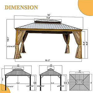 12'x16' Hardtop Gazebo Outdoor Aluminum Wood Grain Gazebos with Galvanized Steel Double Canopy for Patios Deck Backyard,Curtains&Netting
