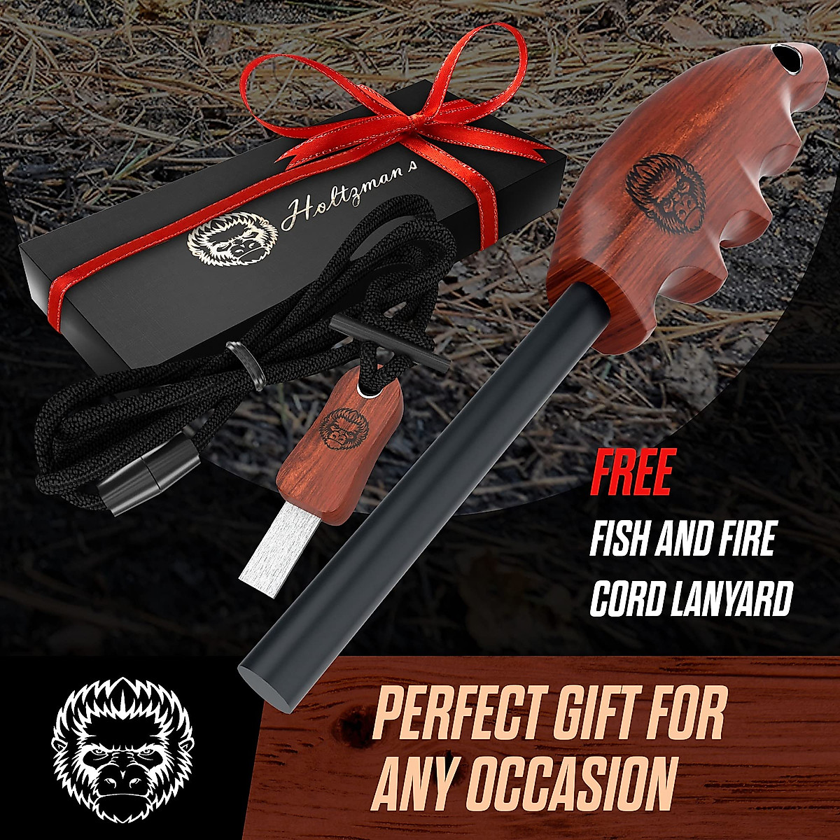 Wood Handle Fire Starter Ferro Rod Gift Set W/Finger Grip Survival Bushcraft Gear (Dark Brown)