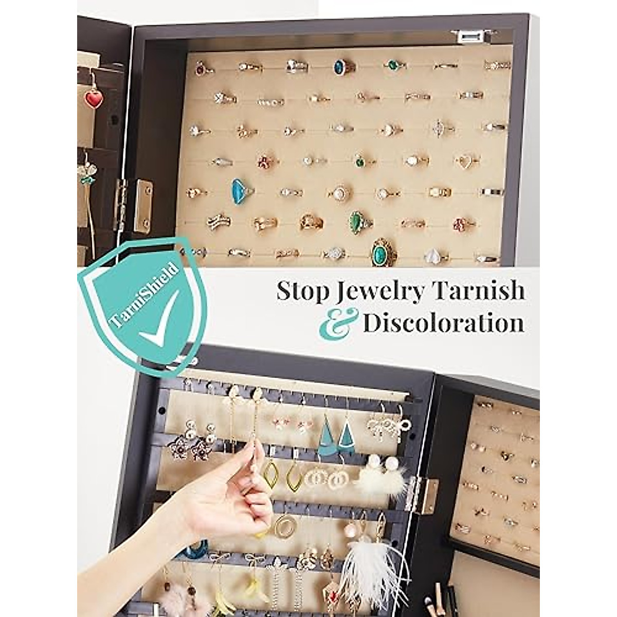 LUXFURNI LED Light Jewelry Cabinet Standing Full Screen Mirror Makeup Lockable Armoire, Large Cosmetic Storage Organizer w/Brush Holder (Black)