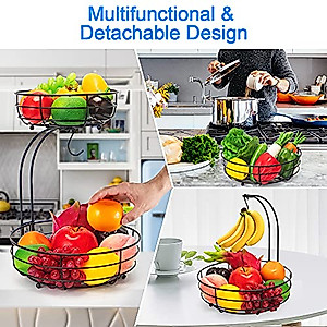Bextsrack 2-Tier Countertop Fruit Basket Bowl with Banana Hanger, Metal Wire Vegetable Produce Storage Baskets for Kitchen, Fruits Stand Holder Organizer for Bread Snack Veggies, Black