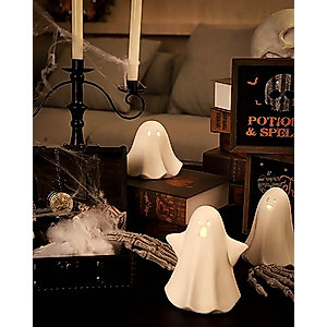 DN DECONATION Cute Ceramic Light Up Ghost Decor, 3PCS Ghost Halloween Decor White Spooky Sculptures, Small Led Ghost Figurines for Indoor Halloween Party Desk Tabletop Centerpieces Decoration