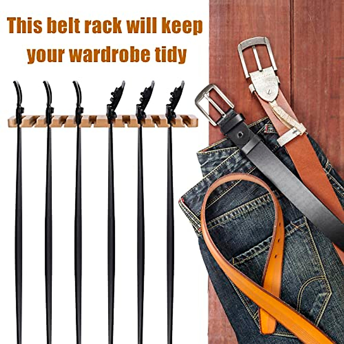 2 Pack Belt Hanger for Closet 2 in 1 Wooden Belt Organizer Wall Mount Belt Holder Storage Belt Rack Display Tie Rack Hooks with Through-The-Wall Nails/360°Swivel Hook Belt Holder for Closet Wall Door