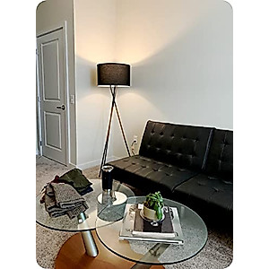 Kira Home Sadie 61" Mid Century Modern Tripod LED Floor Lamp + 9W Bulb (Energy Efficient/Eco-Friendly), Leather Accent Legs, Black Drum Shade, Black Finish