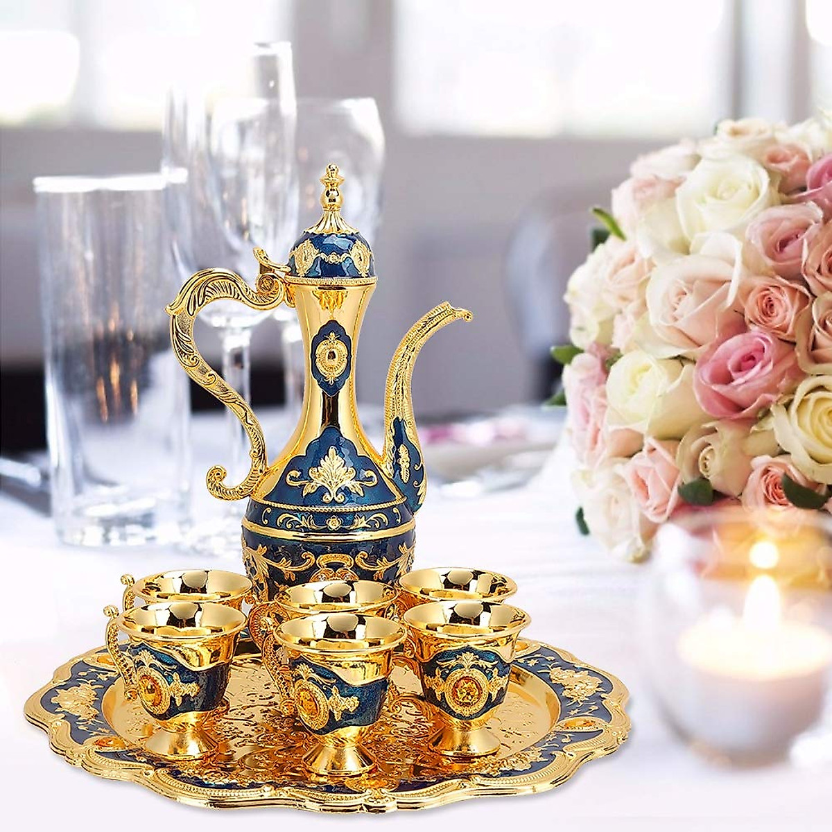 Vintage Turkish Coffee Pot Set, Turkish Teapot with Tray and 6 Tea Glasses, Turkish Coffee Cups Set Metal, Turkish Tea Glasses Set Coffee Pot Moroccan for Home Tea Party