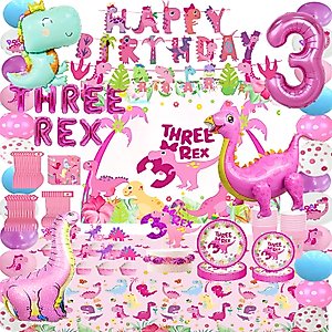 Pink Three Dino Rex Birthday Party Decorations Dinosaur 3rd Birthday Décorations Three inspired Rex Birthday Party Supplies include balloon backdrop knive fork spoon plate napkin cup tablecloth