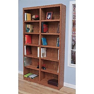 Home Square Tall 12-Shelf Double Wide Solid Wood 84" Bookcase, Set of 2, in Dry Oak