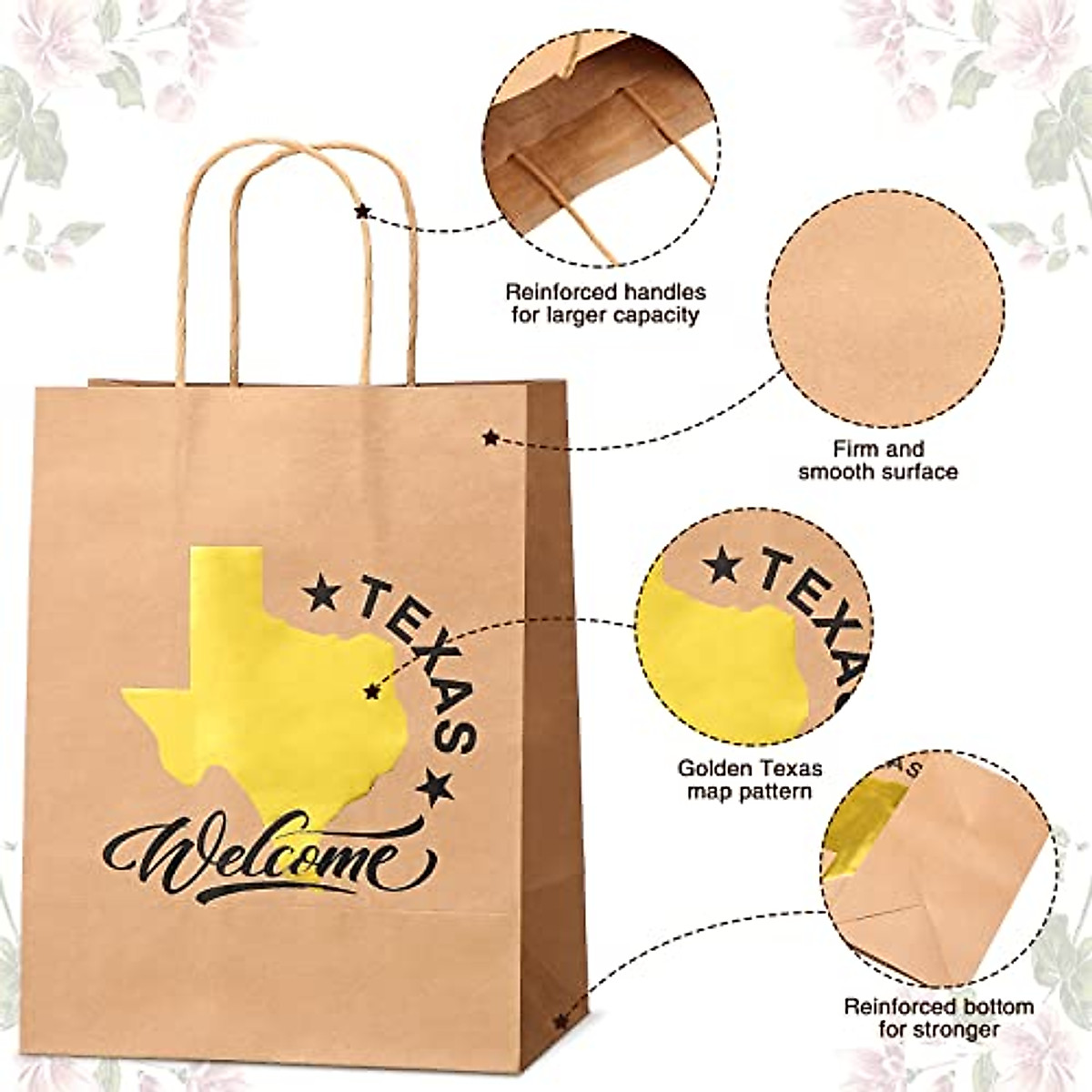 Hotop 12 Pcs State of Texas Shape Paper Gift Bags with Gold Foil Welcome Shopping Bags Kraft Paper Bags Brown Bags with Handles