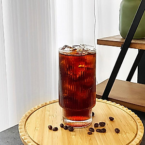 Ribbed Glassware Set of 4, 14oz Ribbed Glass Cups with Glass Straw, Ribbed Juice Glass Fluted Glassware Ribbed Drinking Glasses for Margaritas Whiskey Smoothie Ice Tea Coffee Soda Cocktail Beer Gift