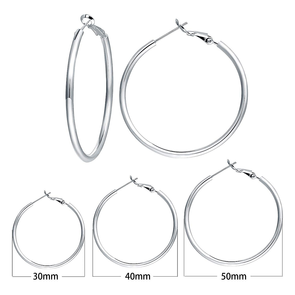 3 Pairs Silver Hoop Earrings-S925 Sterling Silver Hypoallergenic Large Hoop Earrings for Women Valentine's Day Gift 30mm/40mm/50mm