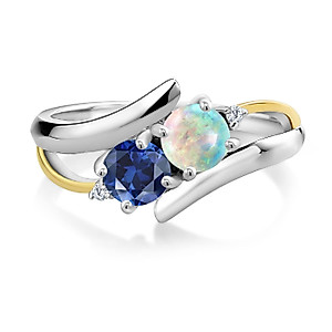 Gem Stone King 925 Silver and 10K Yellow Gold Round Cabochon White Simulated Opal Blue Created Sapphire and White Lab Grown Diamond 2 Stone Crossover Ring (1.12 Cttw, Available In Size 5, 6, 7, 8, 9)