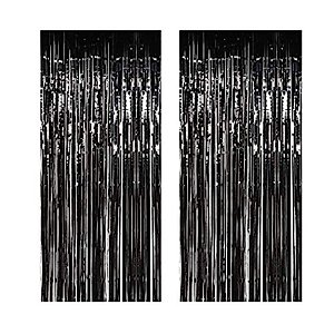 Muhome Black Foil Fringe Curtain, 2PCS 3.28FT x 8.2FT Tinsel Door Curtains & 1 Masking Tape Black Fringe Backdrop for Wedding Birthday Baby Shower Bachelorette Party Decorations