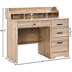 Computer Desk with 4 Drawers and Storage, Small Office Desk with File Drawers and Hutch, Farmhouse Wood Writing Student Table for Home Office, Bedroom, Wooden Grey