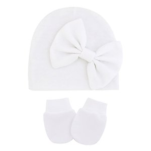 1 Set Newborn Baby Hospital Hats Mittens Soft Bow Infant Cap Cute Nursery Beanie Baby No Scratch Gloves for Boys Girls White