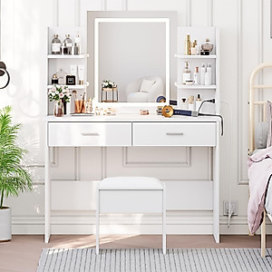 GarveeHome Vanity Desk with Mirror and Lights, Makeup Vanity Set w/Desk and Stool, Power Outlet, Makeup Vanity Desk with 6 Storage Shelves, 2 Large Drawers and 3 Color Adjustable Brightness, White