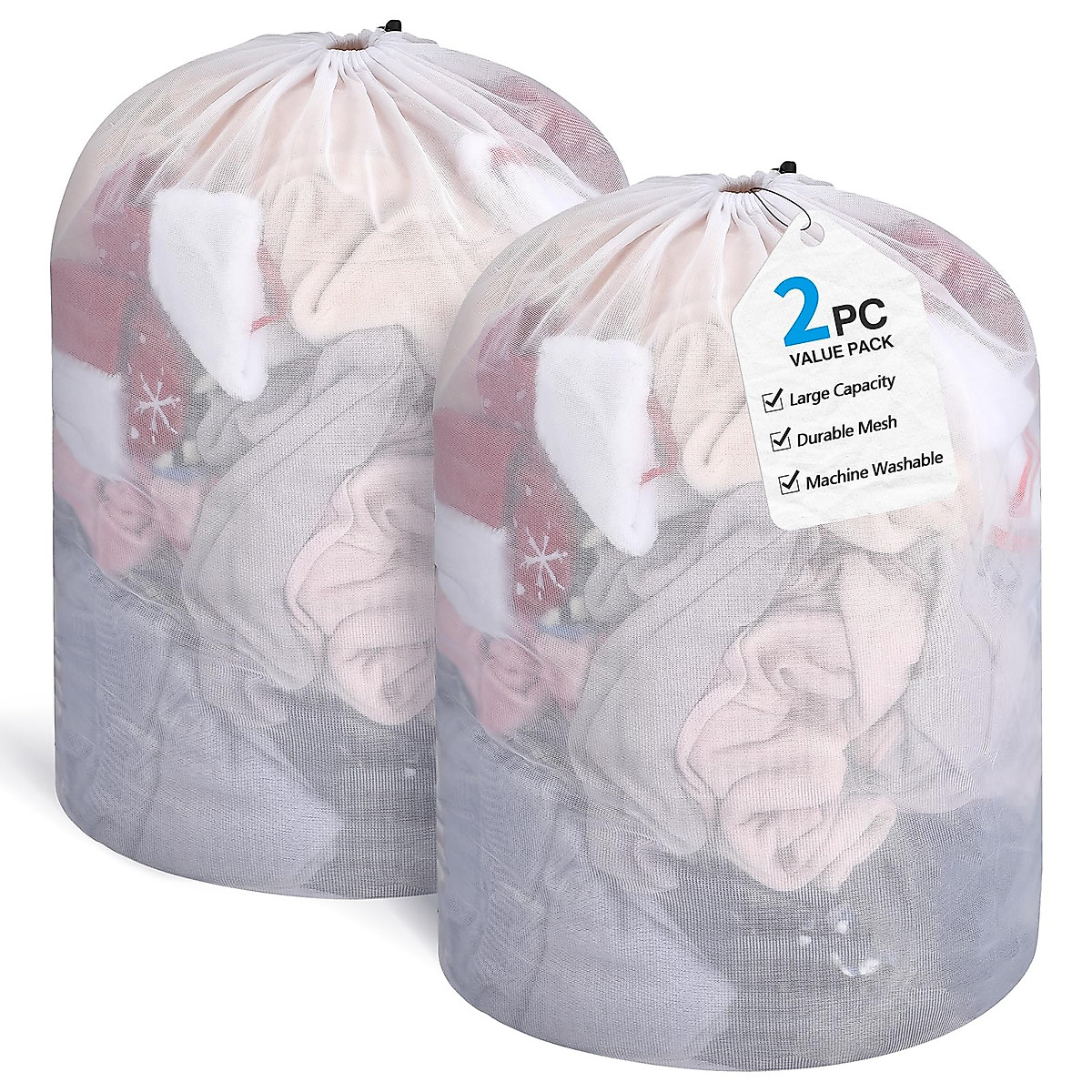 2-Pack Heavy Duty Mesh Laundry Bags,24x32 Inches Large Laundry Drawstring Bag,Washable Laundry Bag for College, Dorm, Travel, Family and Apartment Dwellers, white