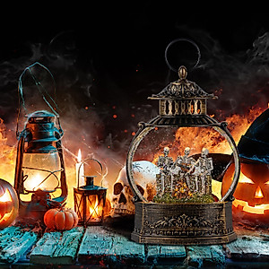 DRomance Halloween Skeleton Snow Globe Lantern with 6H Timer Battery Operated USB Powered Lighted Water Glitters Bronze Canteen Shaped Snow Globe Halloween Decoration Children Gift(6 x 3.2 x 11 Inch)