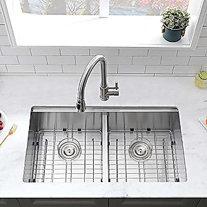 33 Inch Undermount Double Bowl Kitchen Sink Workstation- Wesliv 33x19 Stainless Steel Undermount Kitchen Sink 50/50 Low Divide Double Bowl Kitchen Sink 16 Gauge Deep Ledge Workstation Sink