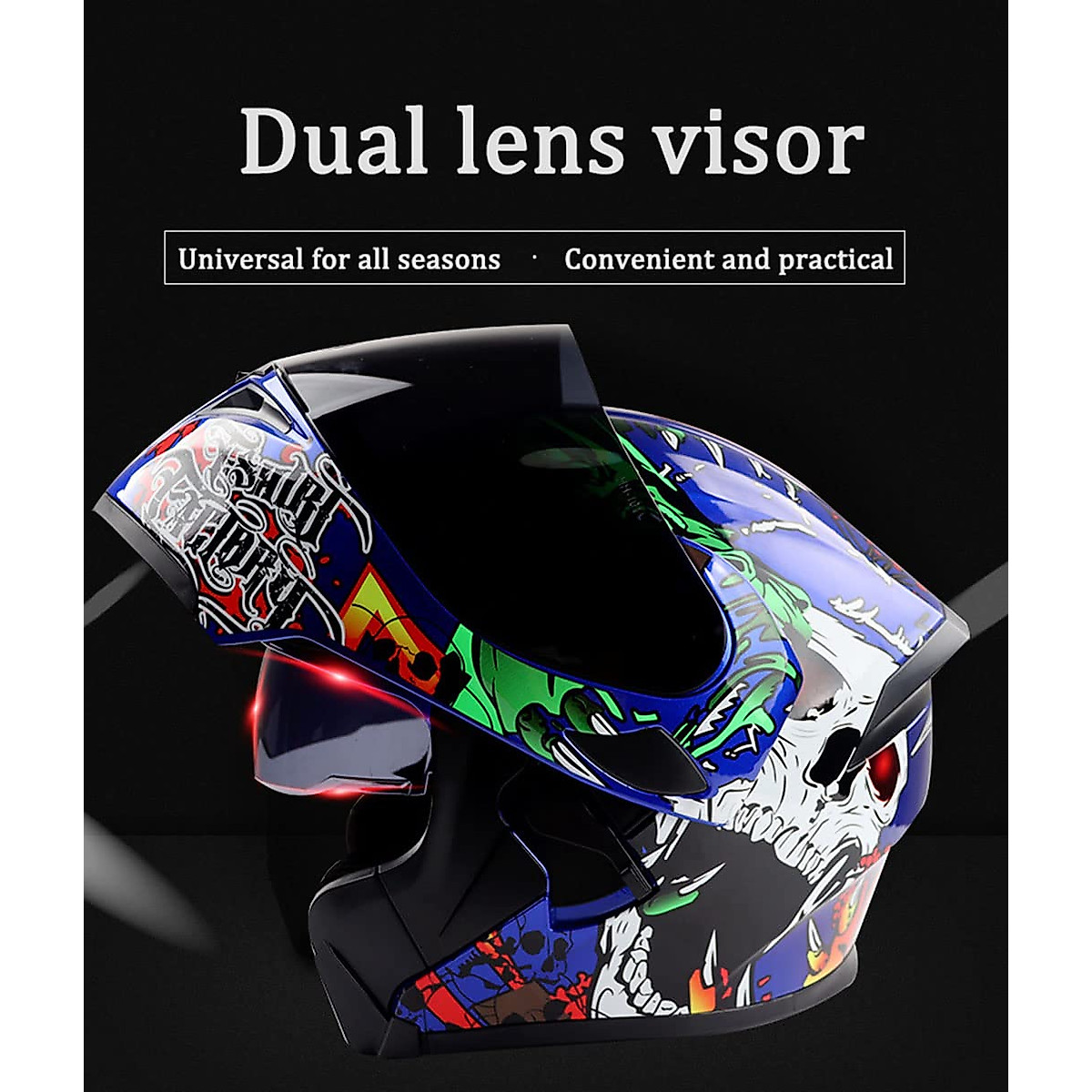 Bluetooth Motorcycle Dual Visor Helmet DOT Approved Flip Up Modular Unisex-Kids Full Face Helmet for Off-Road Motocross ATV Snowmobile Cruiser Bobber Skull Pattern Helmet-I-XX-Large