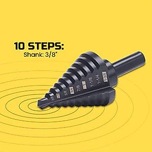 Lichamp Step Drill Bit for Metal Sheet Heavy Duty, Genuine M2 HSS Step Up Down Drill Bit Stepper Unibit for Steel Hole, 10 Sizes from 1/4 to 1-3/8 inches