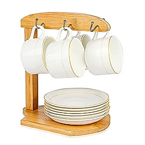 TAIHE Coffee Mug Holder, Coffee Mug Rack with Saucer Basket Storage, 6 Hooks can Hanging Your Love Mug & Cup & Tea Cup, Countertop Cup Hold 8x6 x9 (Natural Bamboo)
