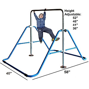Gymnastics Training Bar for Kids Home Expandable Folding Kip Bar 4 in 1 Set with Swing Seat, 2 Trapeze Rings | Horizontal Bar Junior Gymnastic Equipment Height Adjustable Monkey Bars Jungle Gym Blue