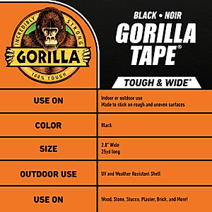 Gorilla Tough & Wide Duct Tape, 2.88" x 25yd, Black, (Pack of 1)