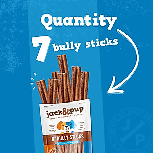Jack&Pup 6" Bully Sticks for Dogs | Premium Odor Free Bully Sticks for Large Dogs | All Natural Beef Pizzle Sticks (Standard, 7 Pack)