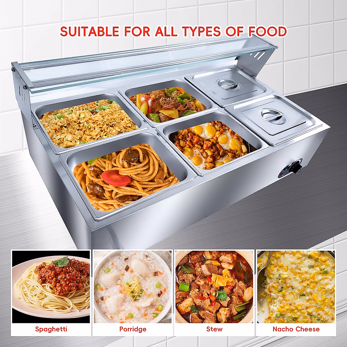 GAOMON 6-Pan Commercial Food Warmer, Electric Steam Table 12QT/ Pan, 1500W Countertop Stainless Steel Buffet Bain Marie with Tempered Glass Cover, Temperature Control for Buffet Party Restaurant