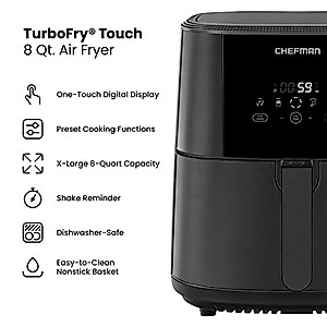Chefman TurboFry Touch Air Fryer, 8-Quart Family Size, One-Touch Digital Controls for Healthy Cooking, Presets for French Fries, Chicken, Meat, Fish, Nonstick Dishwasher-Safe Parts, Black
