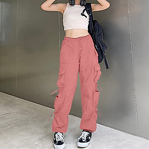 QYANGG Baggy Parachute Pants for Women& Girls Drawstring Elastic Low Waist Ruched Cargo Pants Multiple Pockets Jogger Y2K Pink