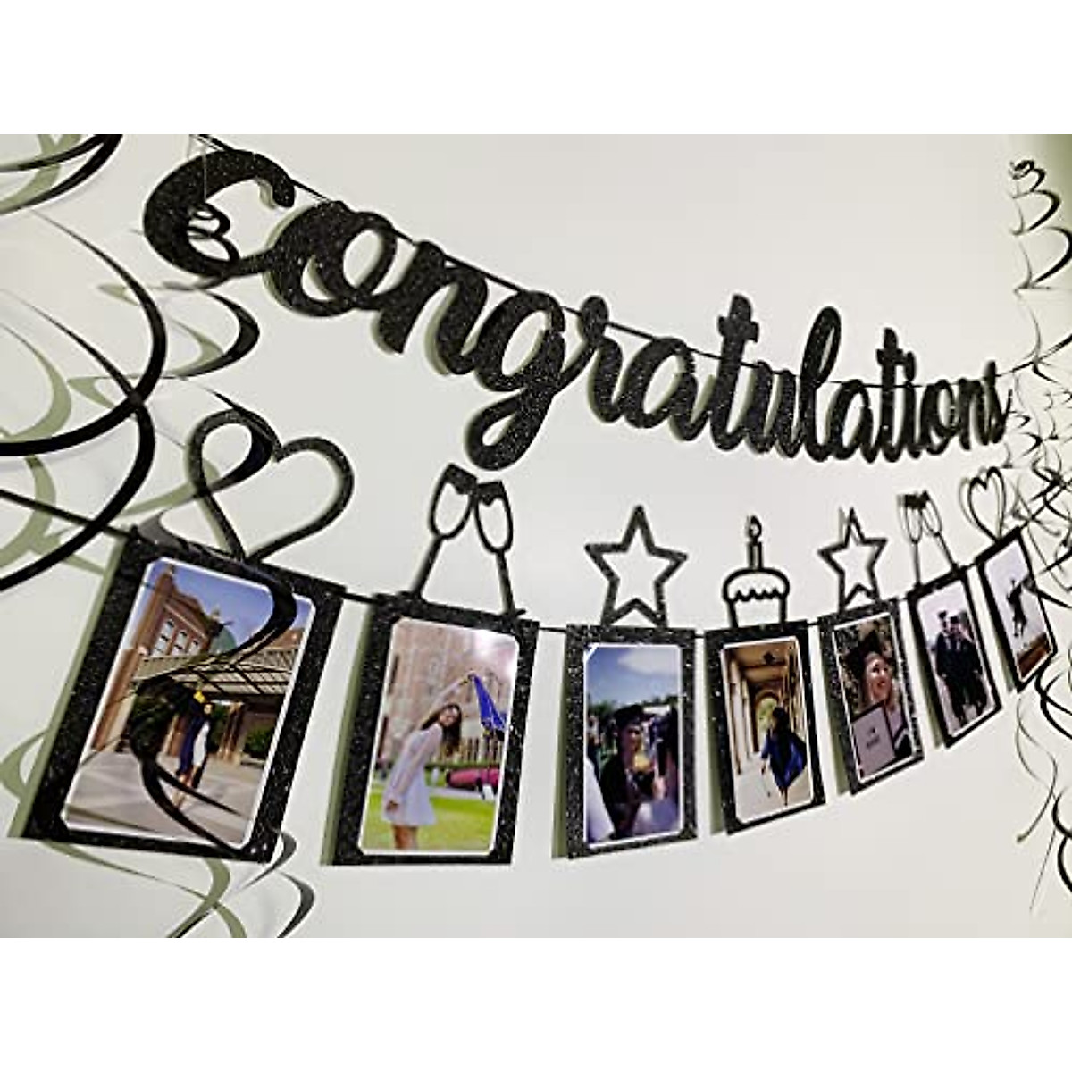 Concico Congratulations Banner and Hanging Swirls for Graduation,Congratulations,Engagement Party Decorations(Black Glitter)