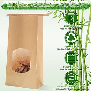 Glenmal 150 Pieces Bakery Bags with Window Kraft Packaging Treat Bag Tin Tie Tab Lock Cookie Bread Paper Coffee Bean Storage for Food Crafts Container (3.54 x 2.36 6.7 Inch), brown