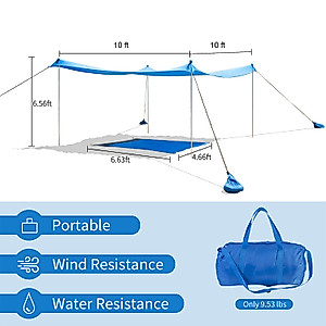 LeMuna Beach Tent Canopy Pop Up Sun Shade UPF50+, Lightweight Outdoor Shade with Sand Shovel, Ground Pegs and Stability Poles, Portable Set for Family Fun Trips (Blue, 10×10 FT 2 Pole)