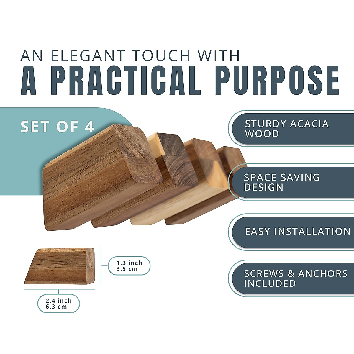 Acacia Wood Hooks, Natural Rectangular Hangers for Keys, Towels, Accessories – Functional Entryway, Bathroom Organizer – Sleek Wall Decor, Space-Saving Design – Perfect for Small Spaces, Modern Homes