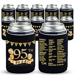 95th Birthday Can Cooler Sleeves Pack of 12-95th Anniversary Decorations- 1928 Sign - 95th Birthday Party Supplies - Black and Gold 95th Birthday Cup Coolers