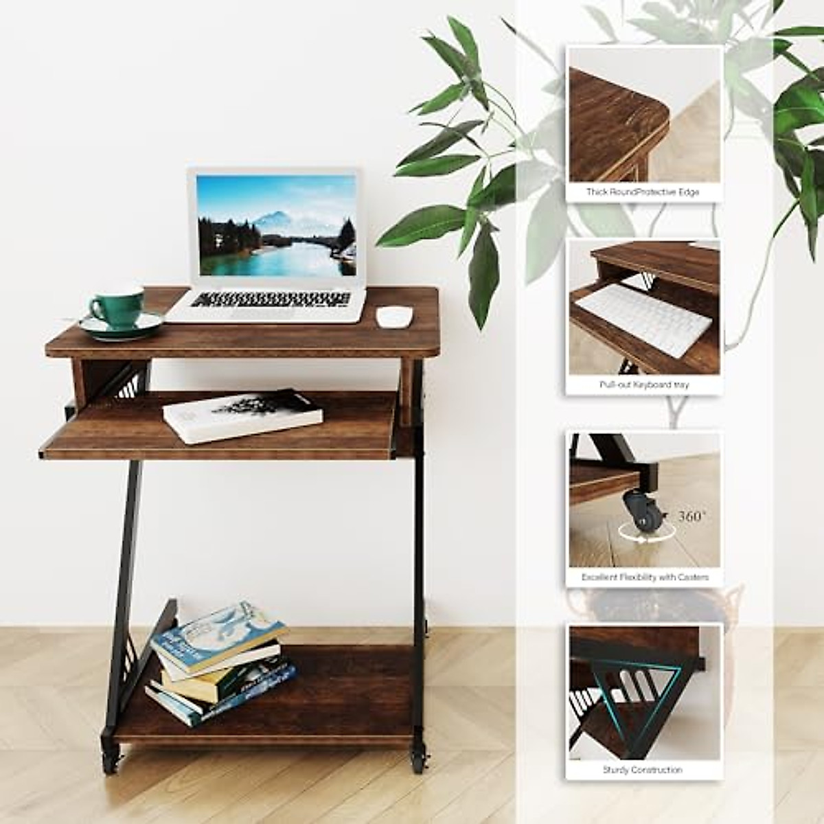 ALISENED Computer Desk for Small Spaces,23.6" Z-Shaped Compact Study Table with Smooth Keyboard Tray,with Wheels and Bottom Shelves for Home Office，Computer Cart Mobile Laptop Cart