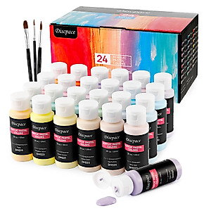 Discpace Pastel Acrylic Paints, Set of 24 Macaron Colors 2oz/59ml with 3 Painting Brushes, Art Craft Paint for Beginners/Kids/Rock Painting/Canvas/Wood/Glass/Ceramic/Stone Painting Supplies Kit