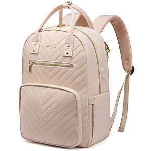 LOVEVOOK Laptop Backpack for Women, Large Capacity Travel Backpack with Luggage Strap, Stylish Women Backpack with USB Port, Waterproof Quilted Work Backpack for College Business 15.6 Inch, Beige