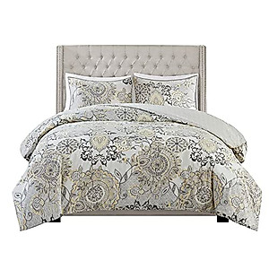 Madison Park Isla Reversible Cotton Duvet Set - Casual Medallion Floral to Damask Print Reverse, All Season Comforter Cover Bedding Set with Matching Shams, Yellow Full/Queen(90"x90") 3 Piece